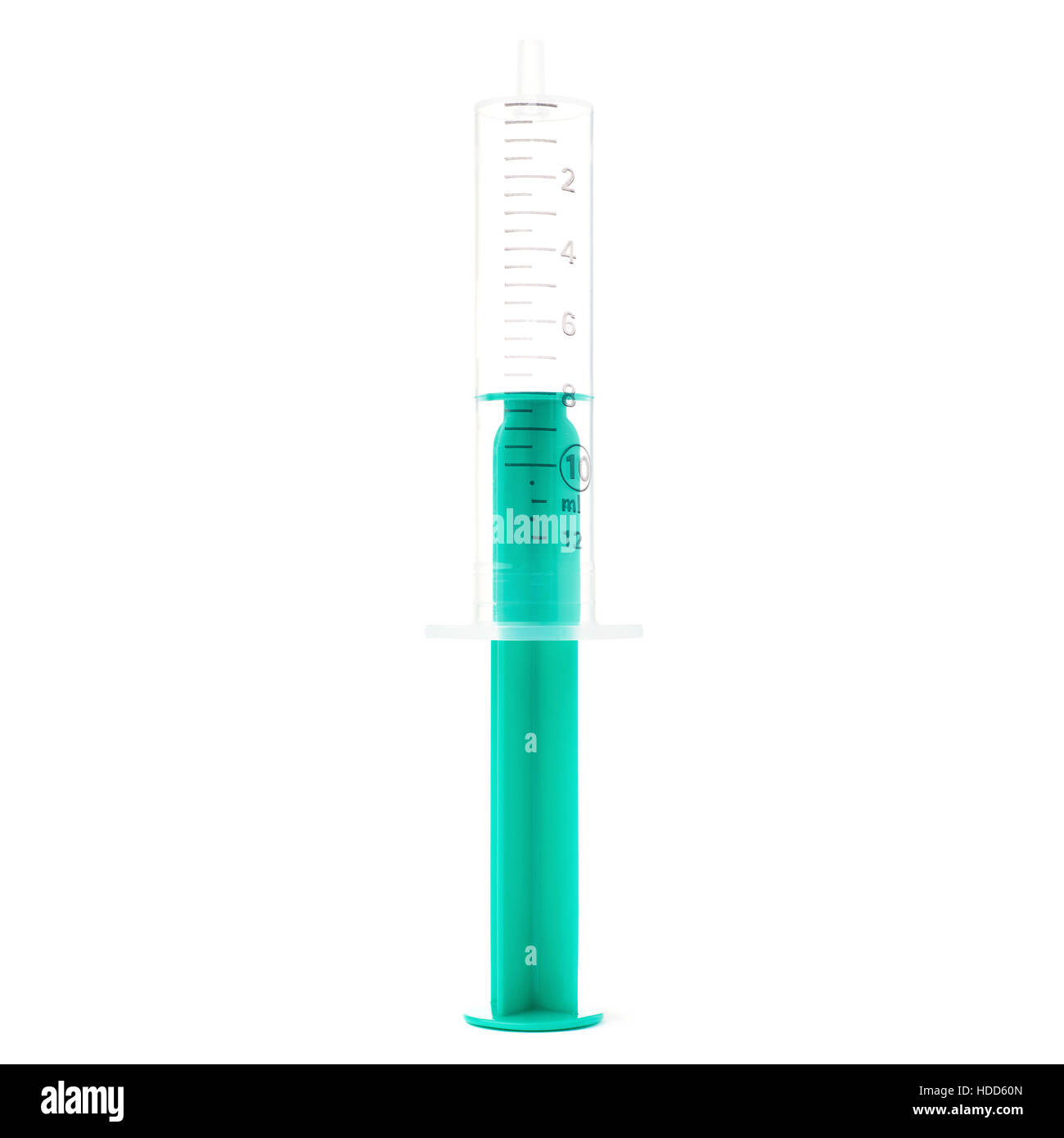 One-off green medical syringe without needle isolated over white ...