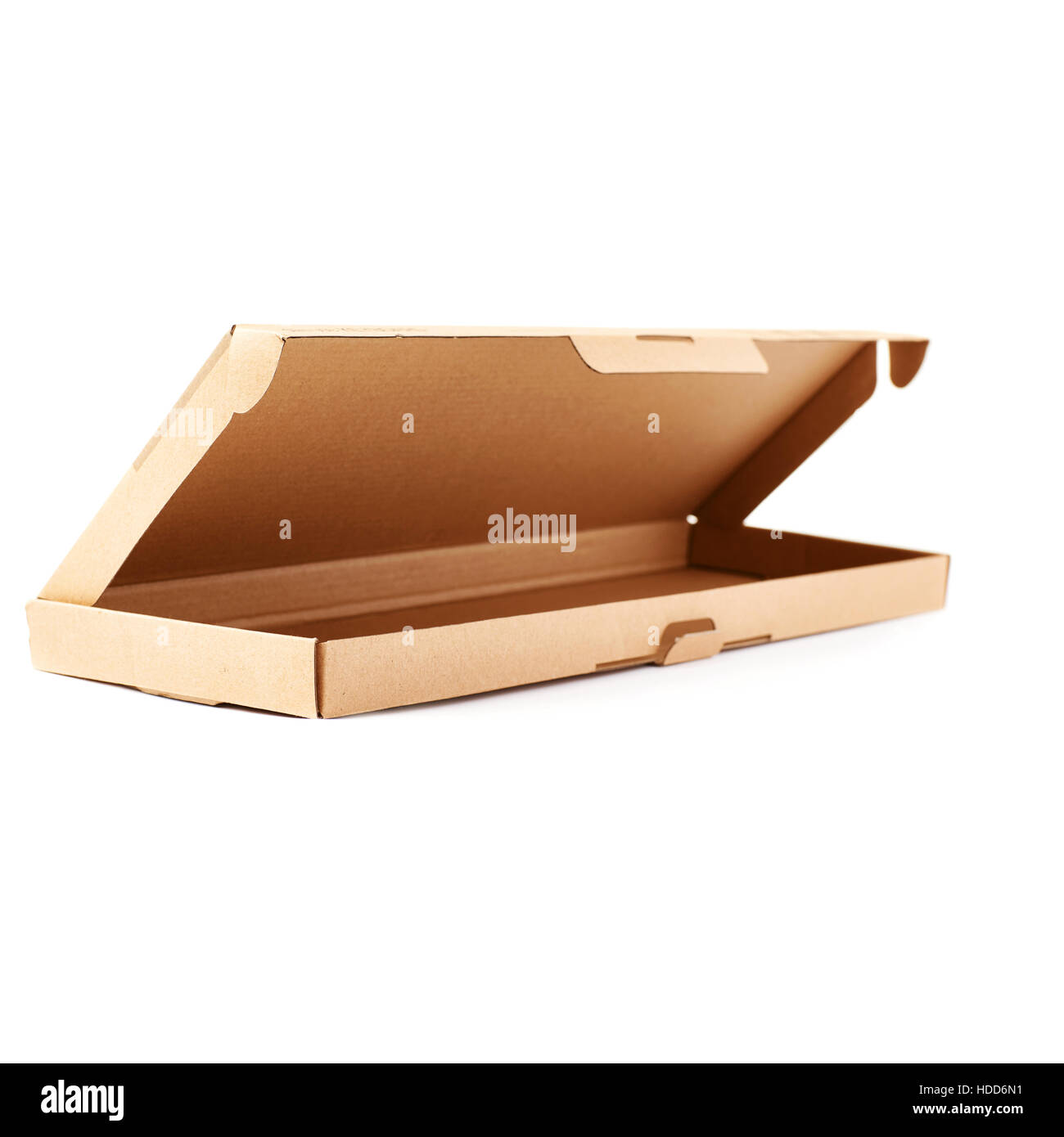 Opened long narrow cardboard box isolated over white background Stock ...