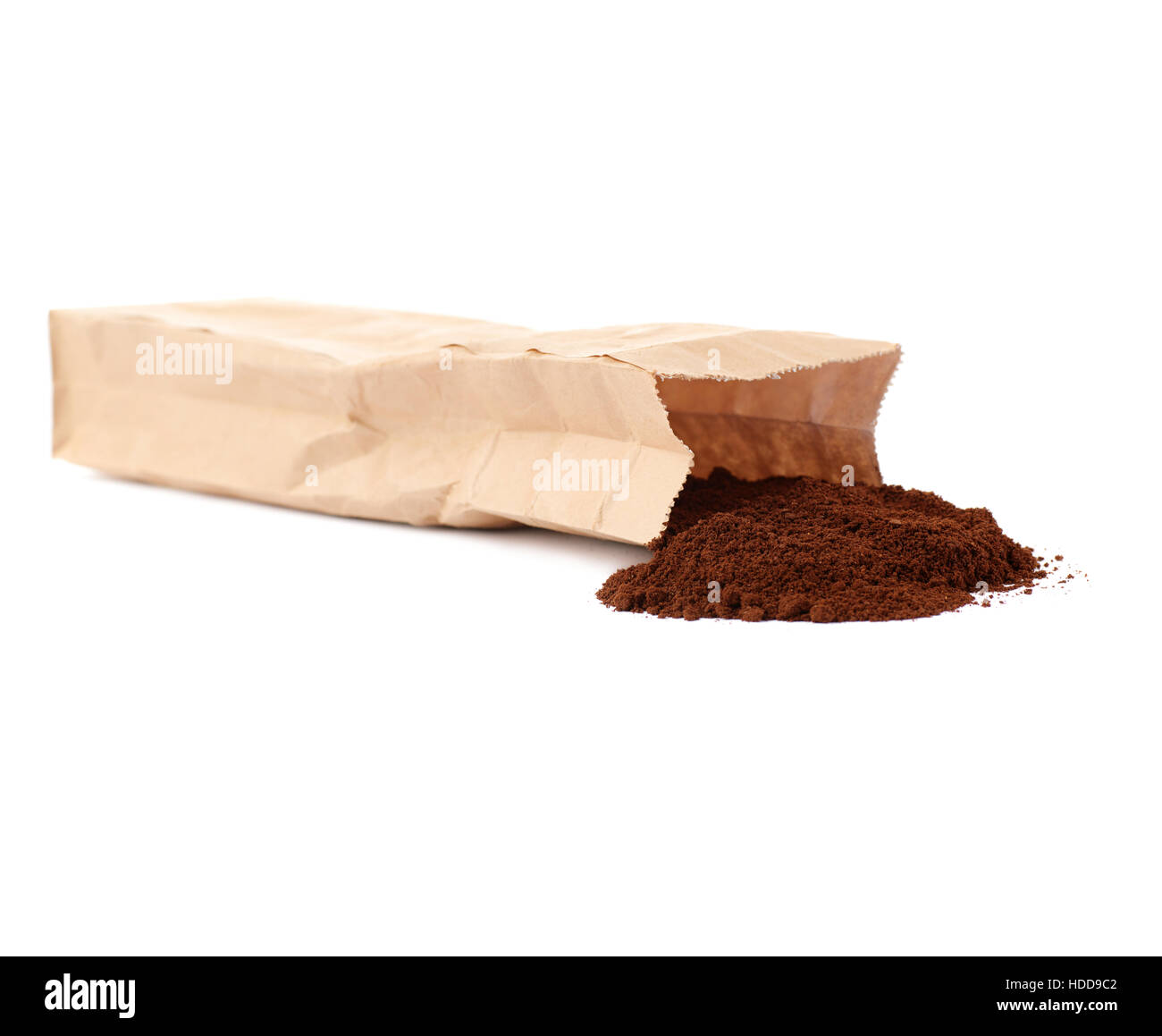 Craft brown paper pack full of ground coffee isolated over white ...