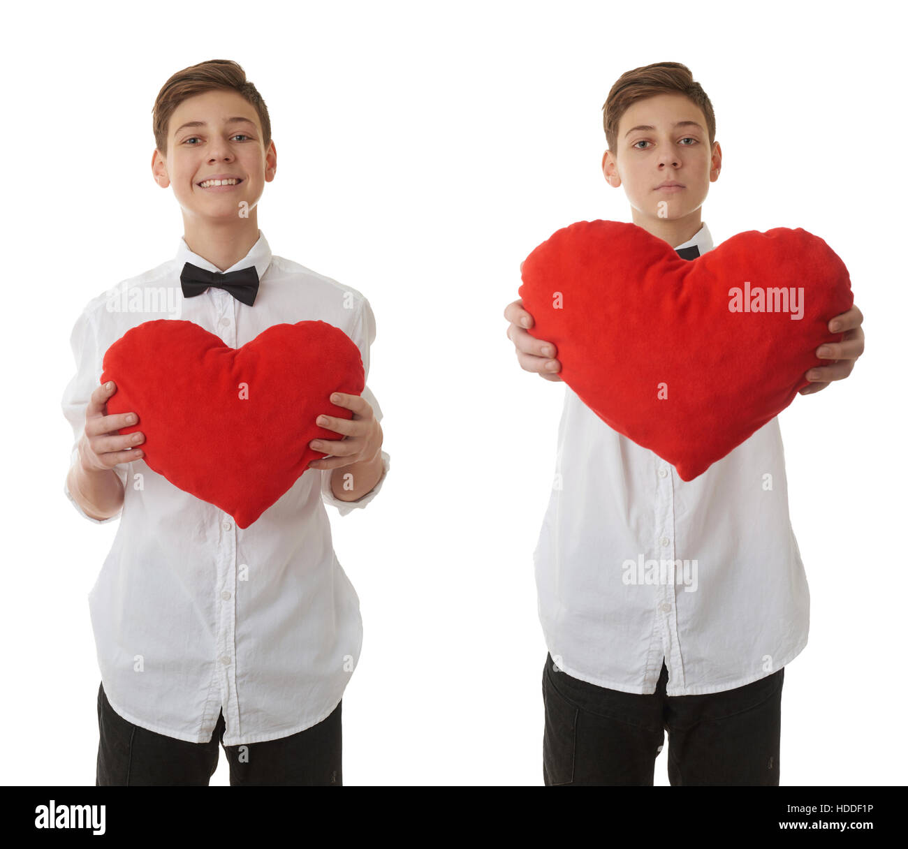 Set of cute teenager boy in white shirt and black bow tie holding with ...