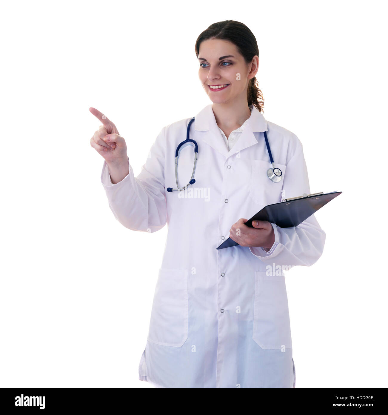 Smiling Female Doctor In White Coat Over White Isolated Background With
