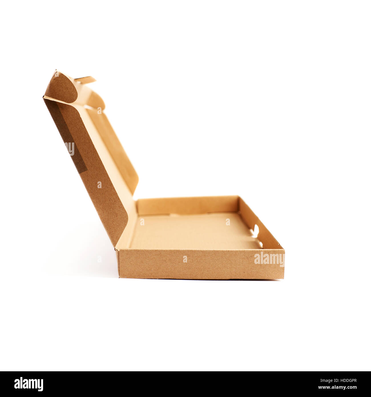 Opened long narrow cardboard box isolated over white background Stock ...