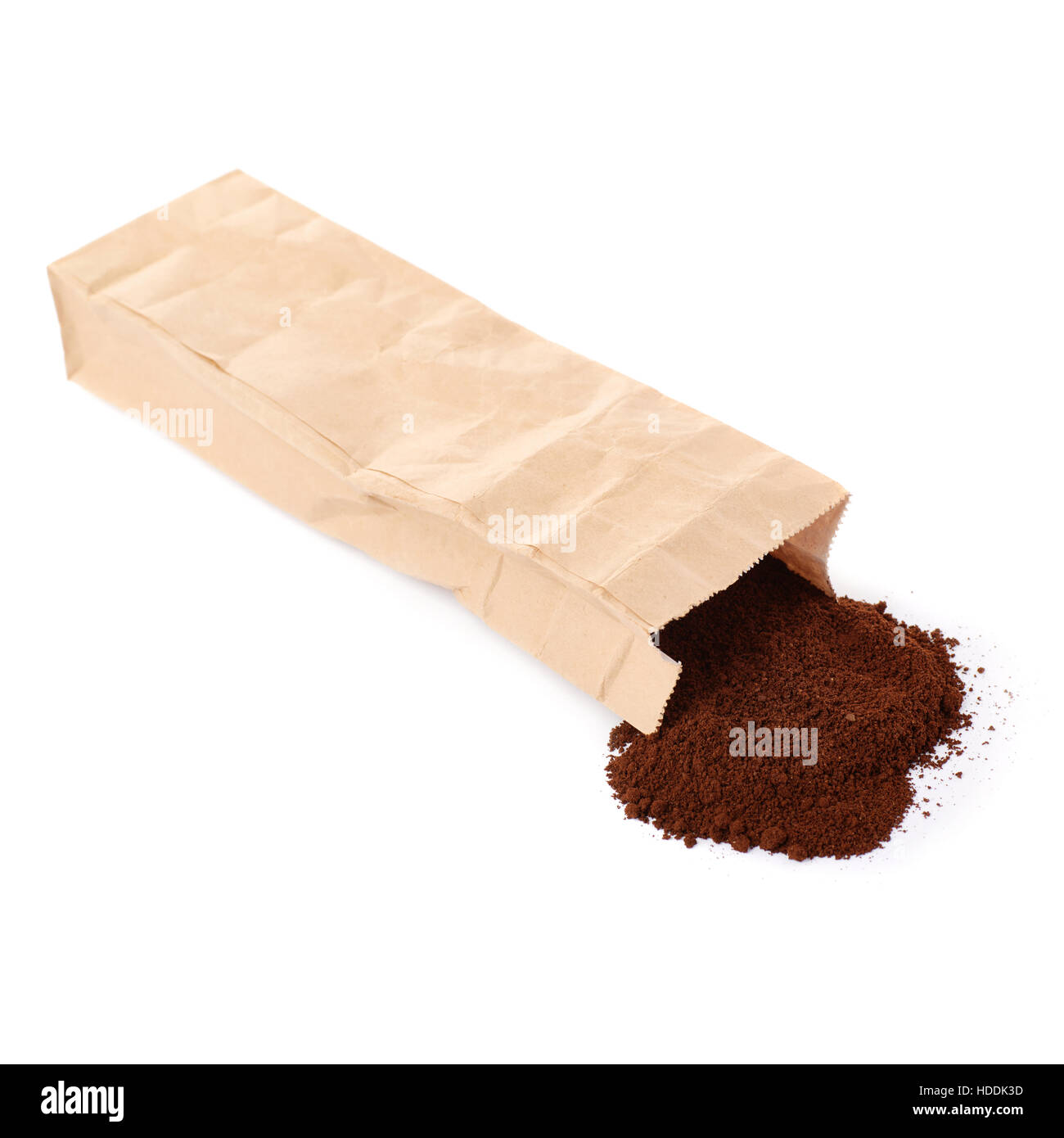 Craft paper pack full of ground coffee isolated over white background ...