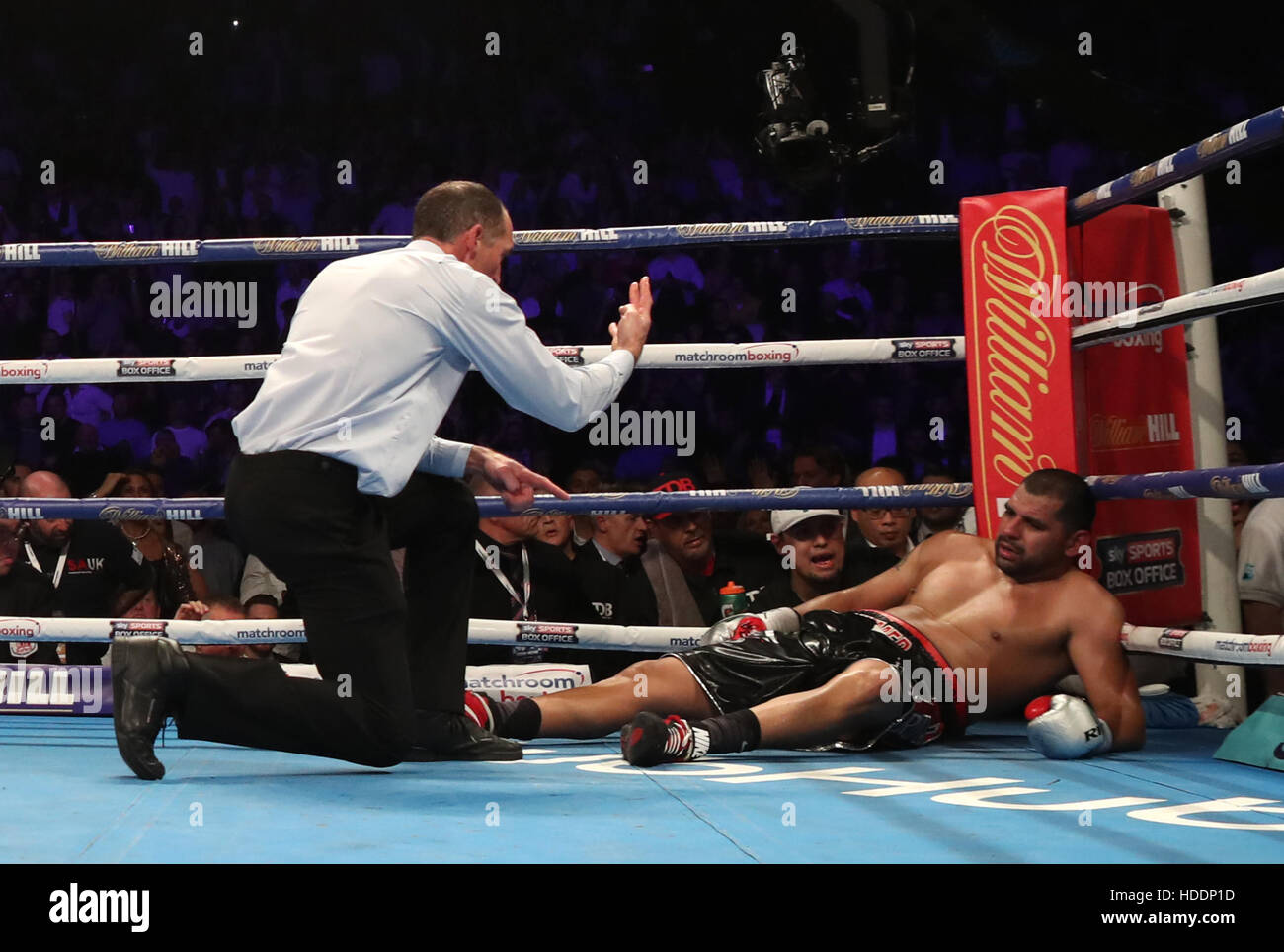 Eric Molina receives a count from the referee during his IBF World ...