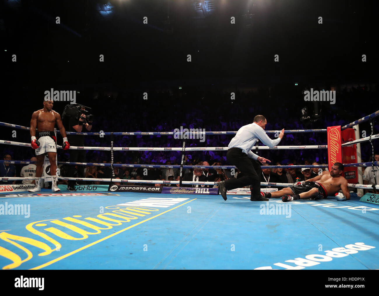 Anthony Joshua (left) stands back as Eric Molina receives a count from ...