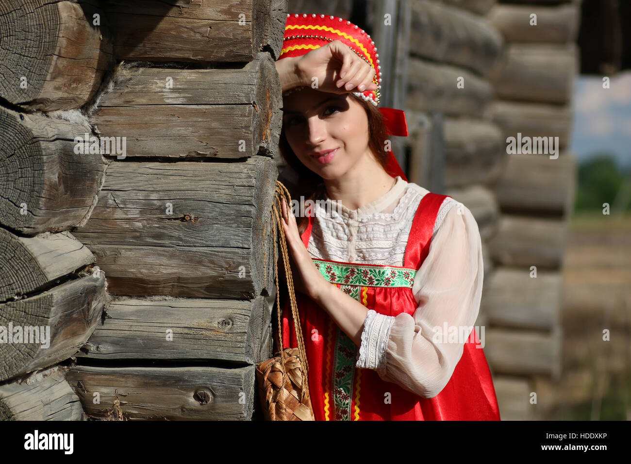 cute pretty girl in a traditional Slavic dress on nature in an unspoilt ...