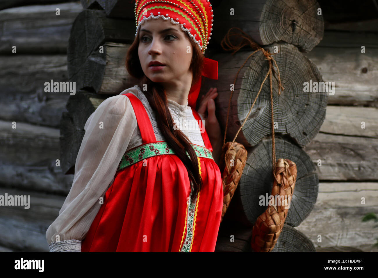 cute pretty girl in a traditional Slavic dress on nature in an unspoilt ...