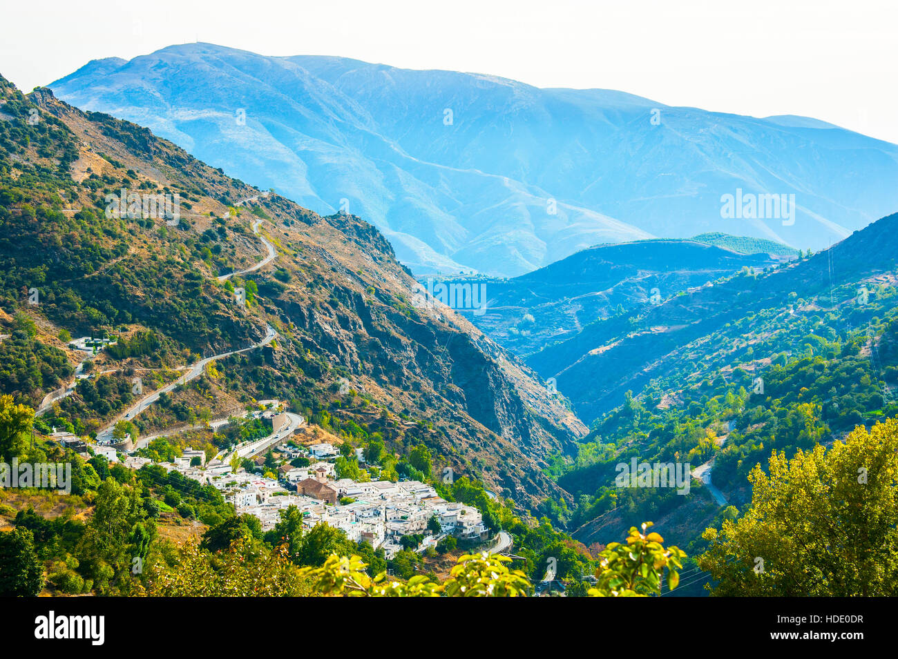 winding road and village Pampaneira, Alpujarra, Sierra Nevada ...