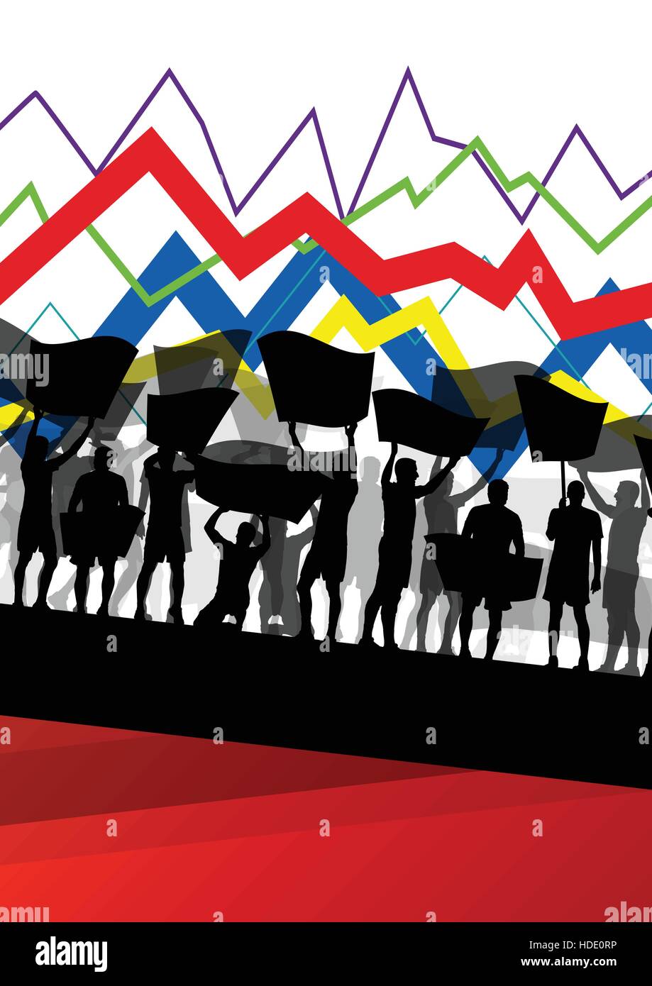 Economic crisis line chart with protesting people banners and signs in ...
