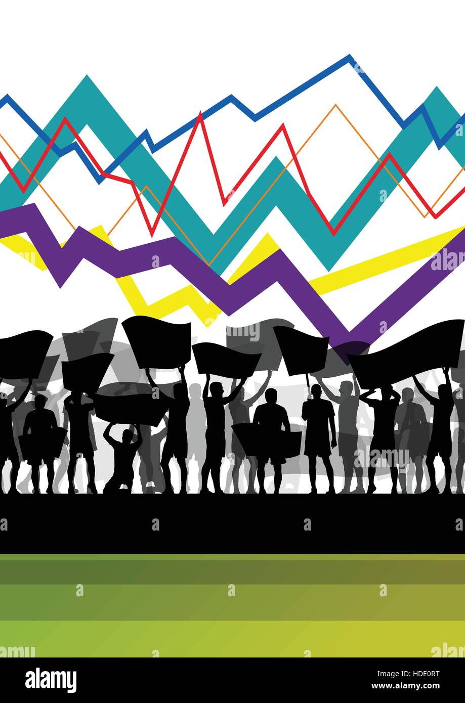 Economic crisis line chart with protesting people banners and signs in ...
