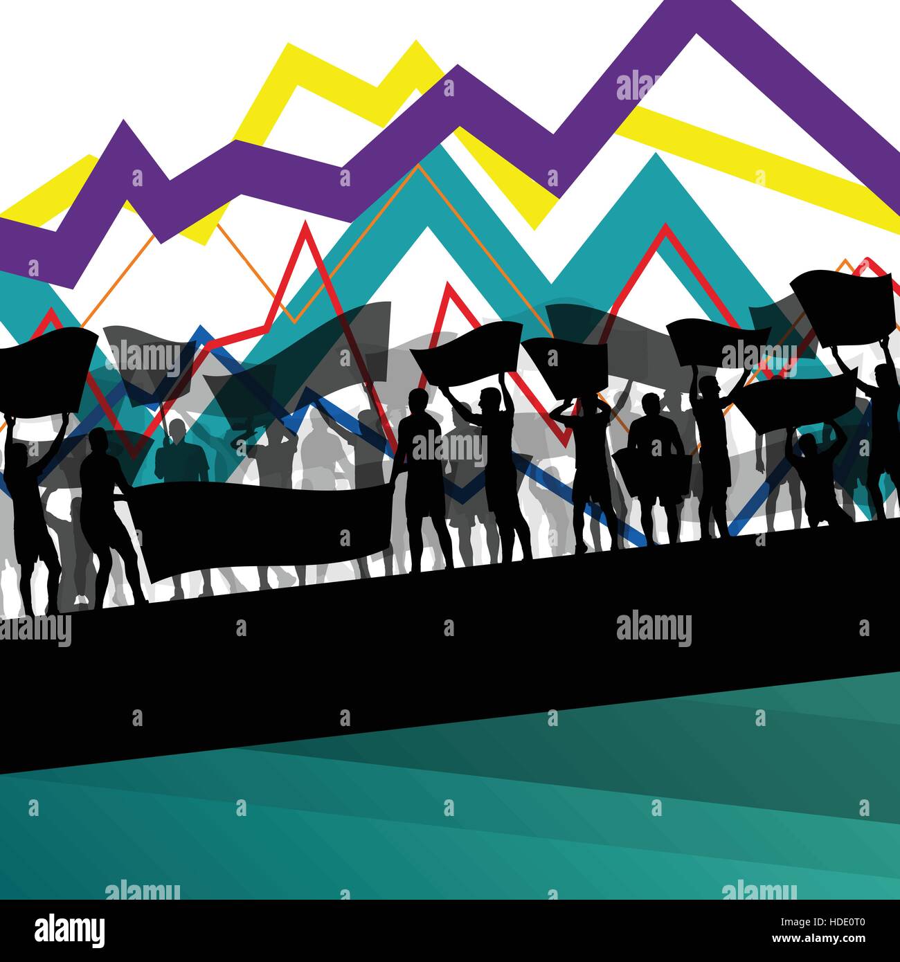 Economic crisis line chart with protesting people banners and signs in ...