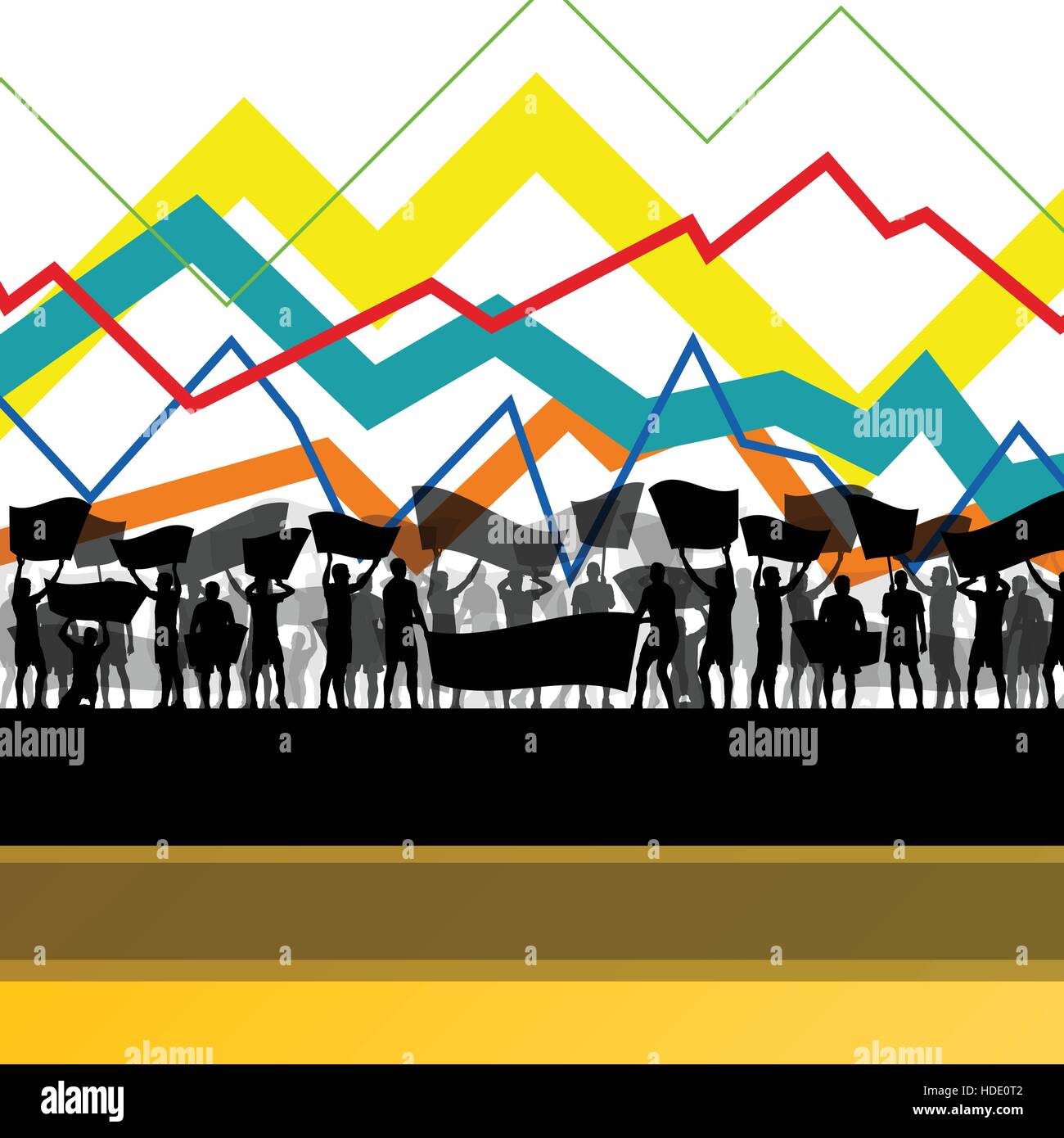 Economic crisis line chart with protesting people banners and signs in ...