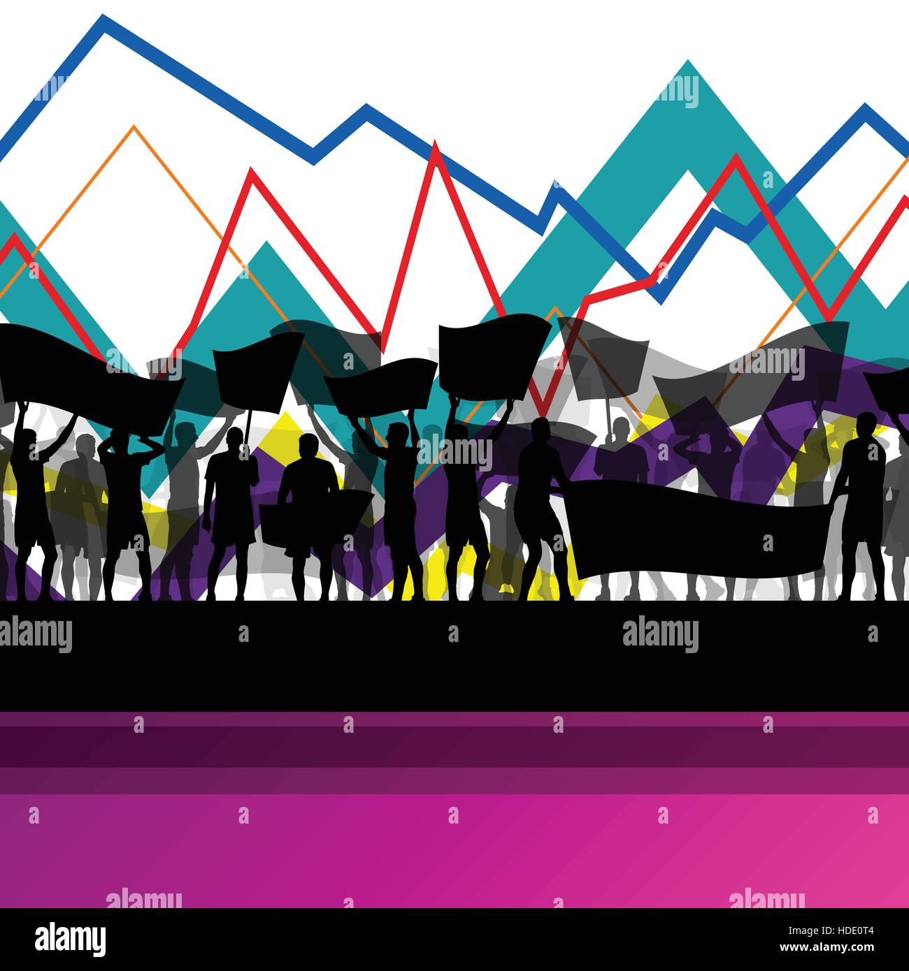 Economic crisis line chart with protesting people banners and signs in ...