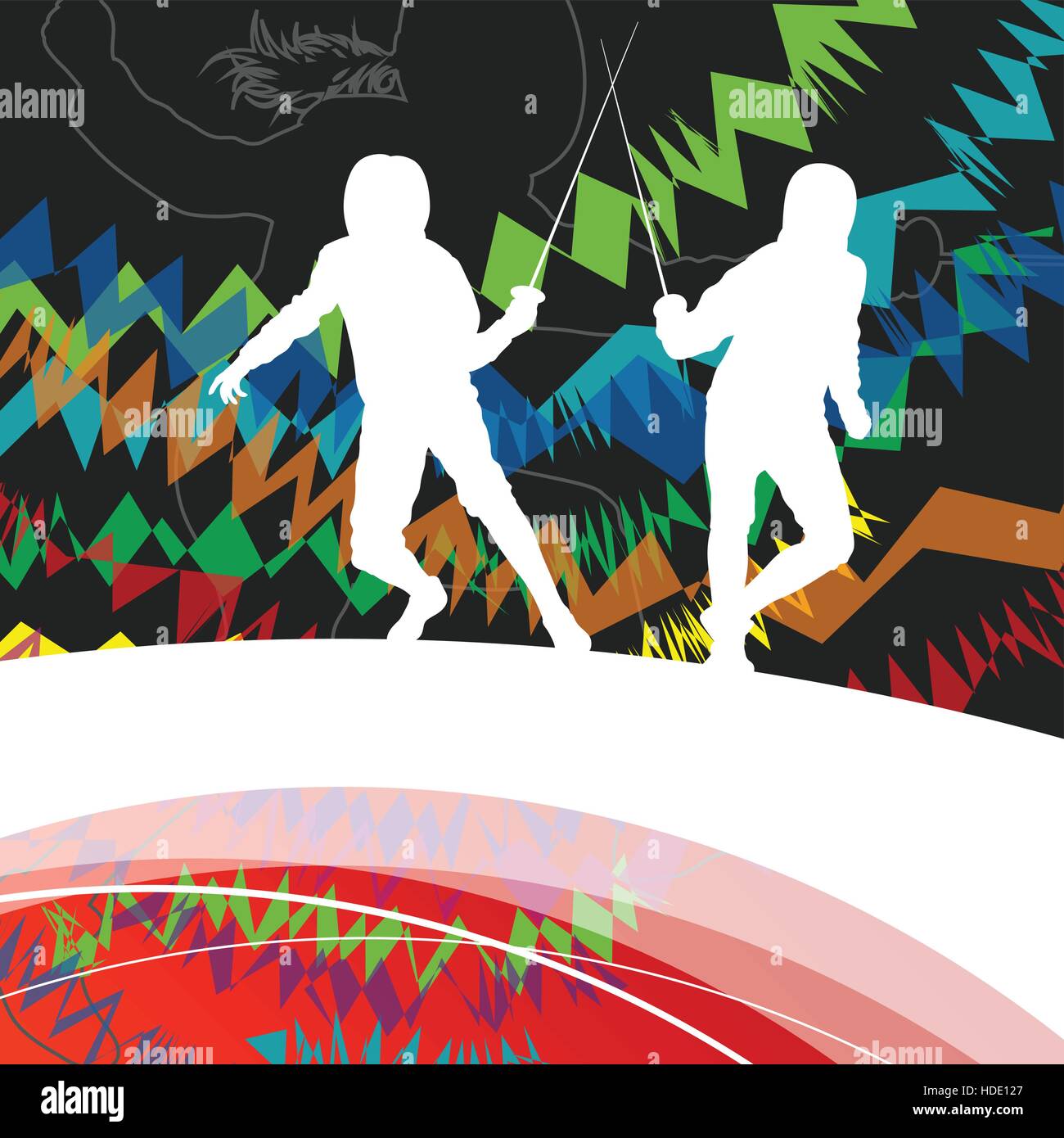 Active men and women fencing sport silhouettes in abstract line ...