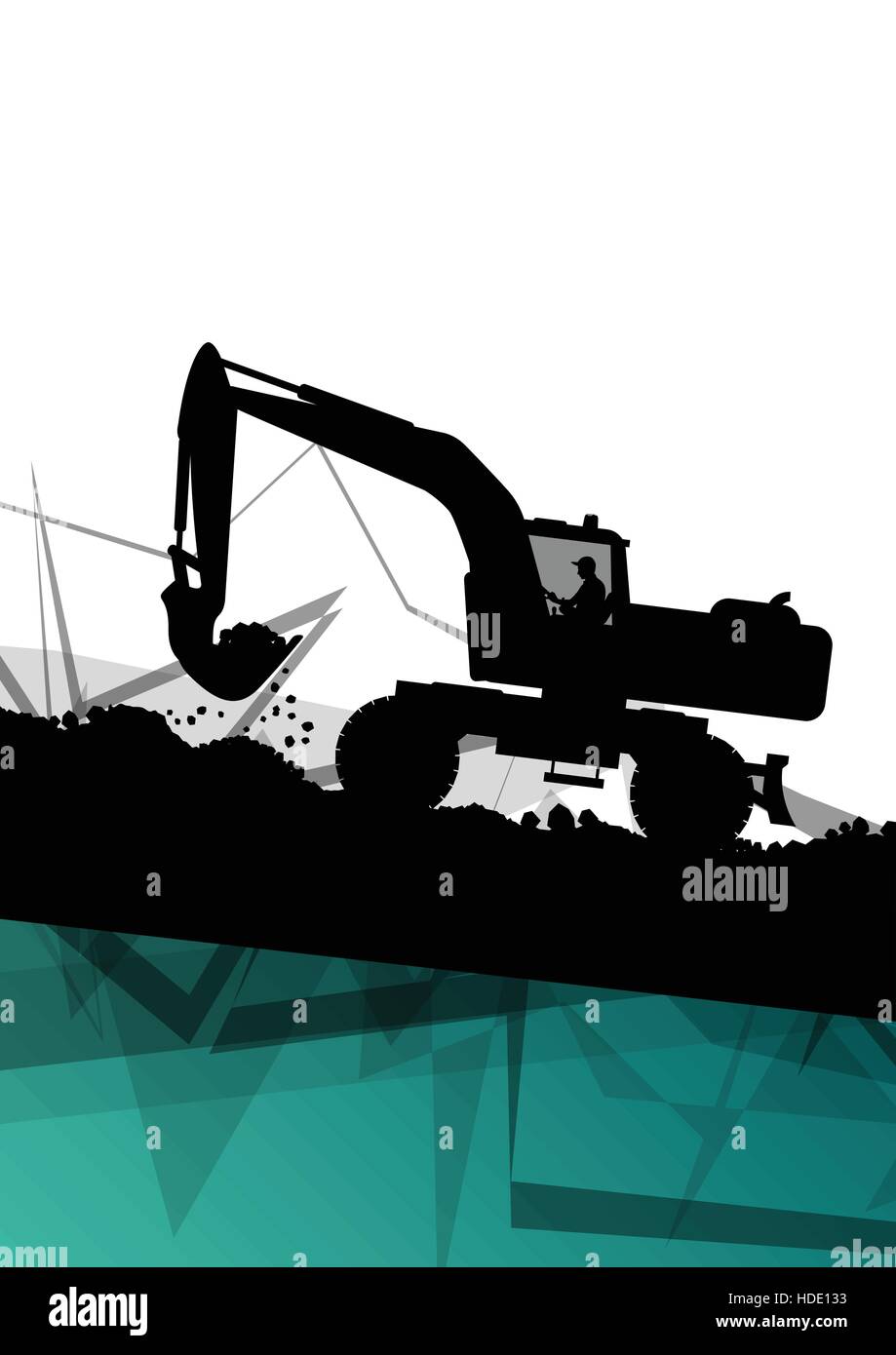 Digger excavator machinery digging action in construction site abstract ...