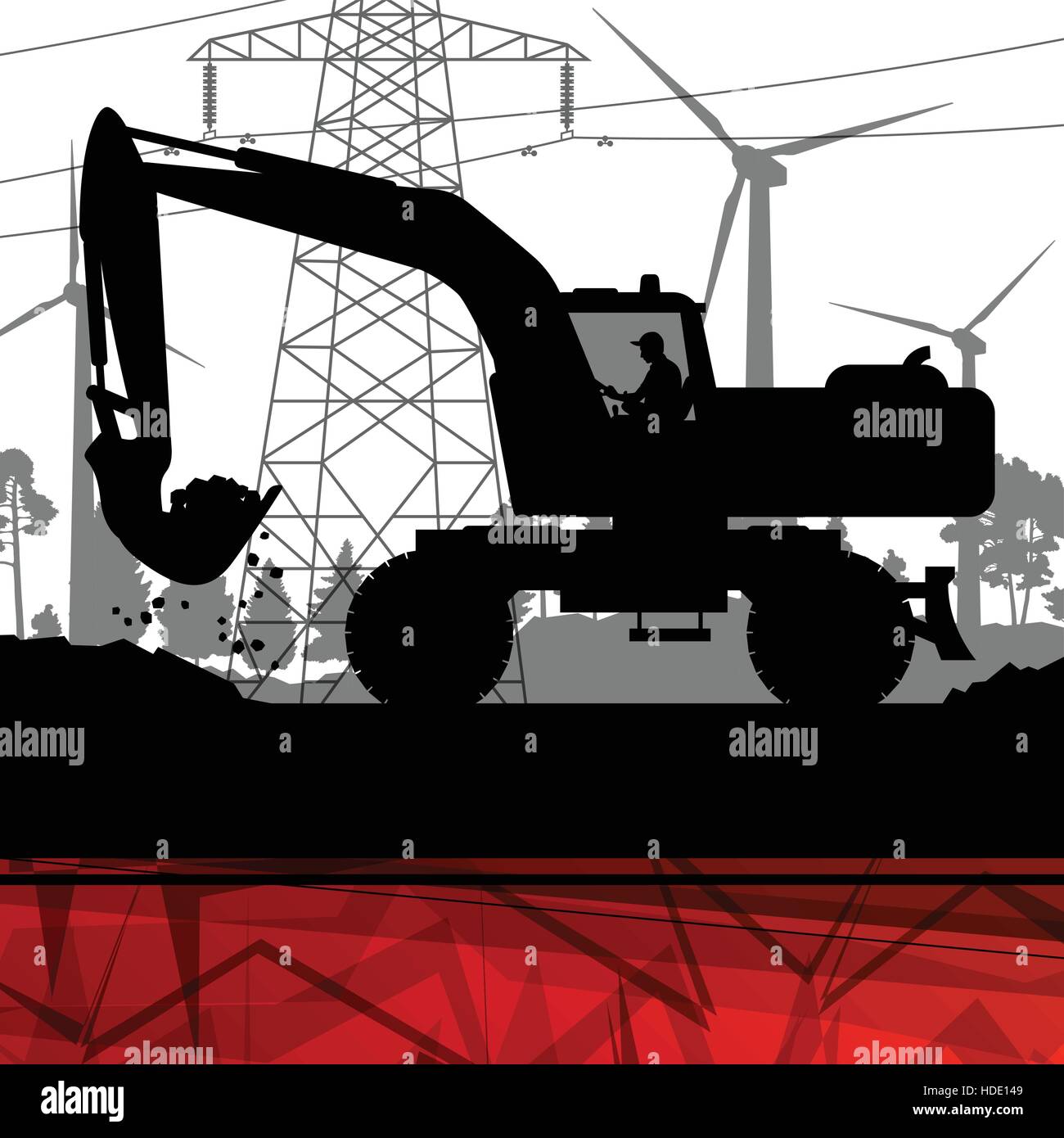 Digger excavator machinery digging action in construction site abstract ...