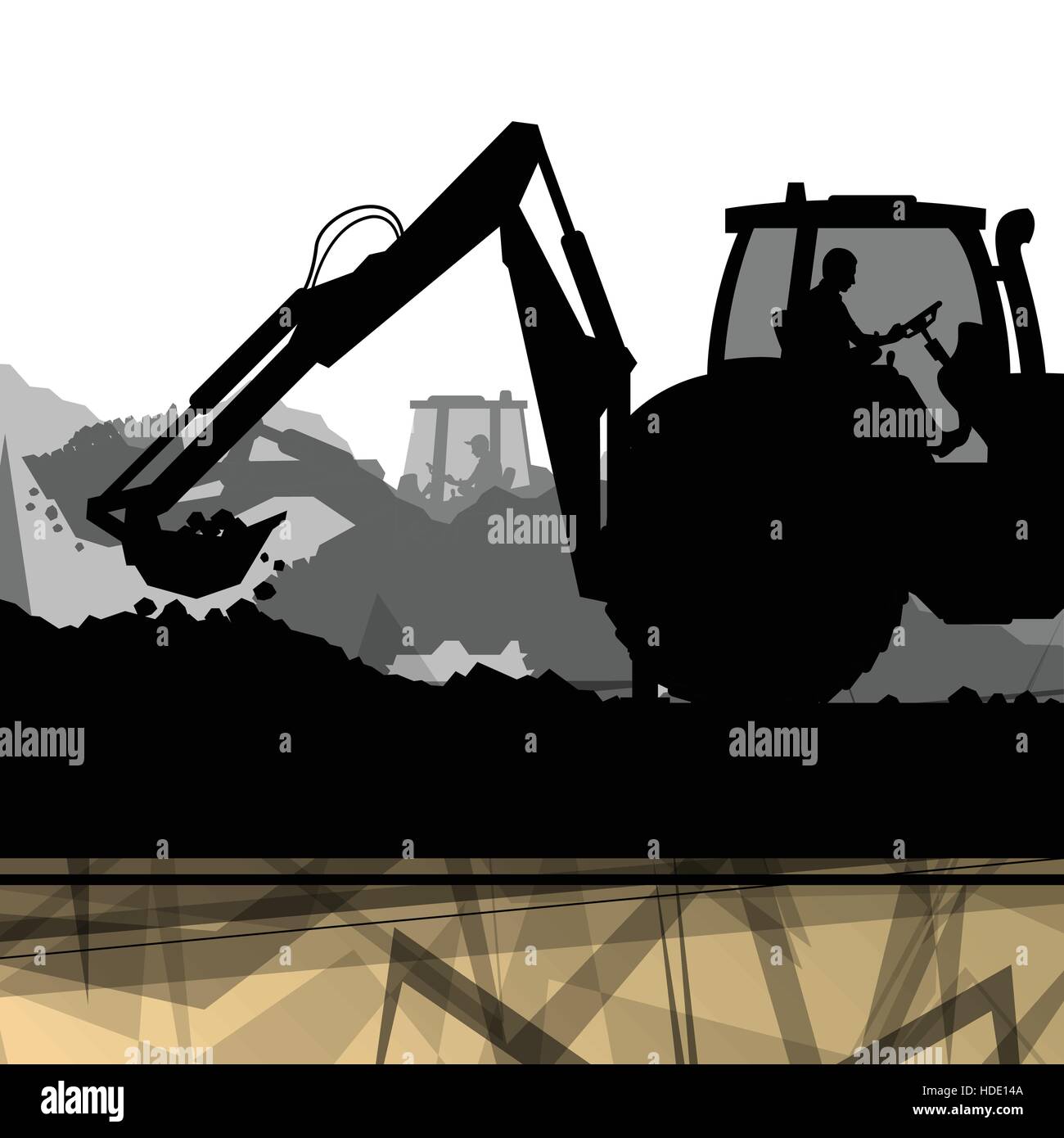 Digger excavator machinery digging action in construction site abstract ...