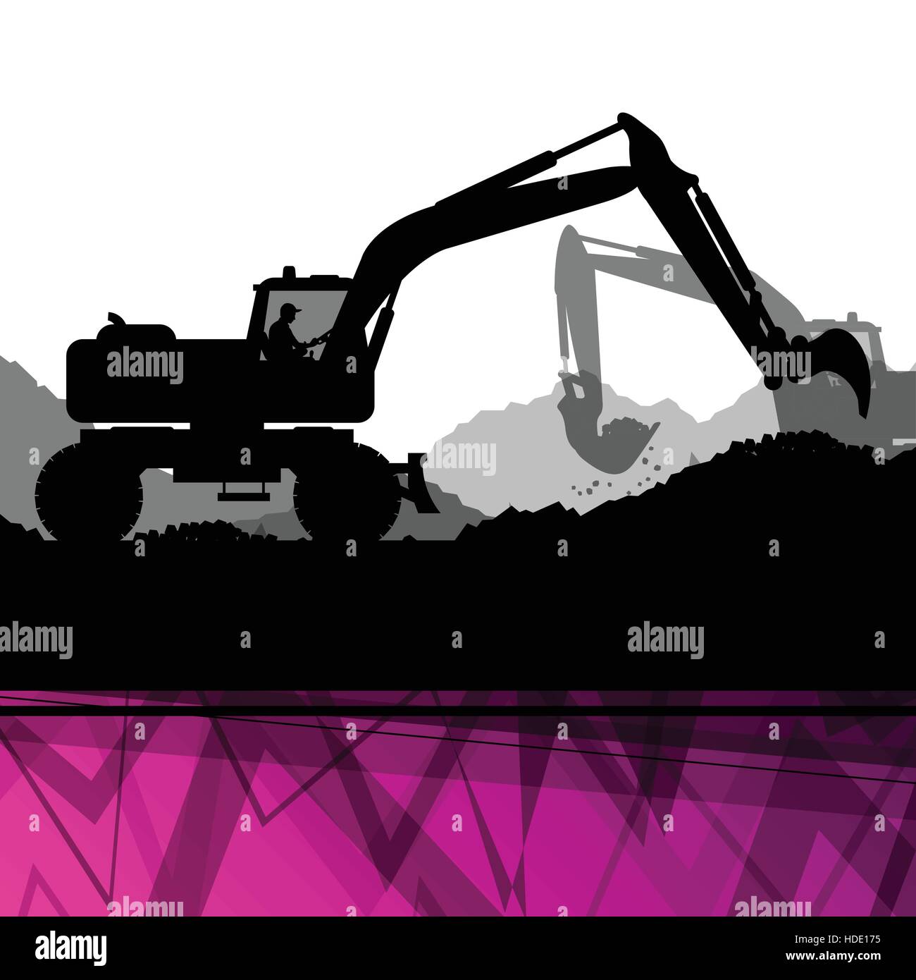 Digger excavator machinery digging action in construction site abstract ...
