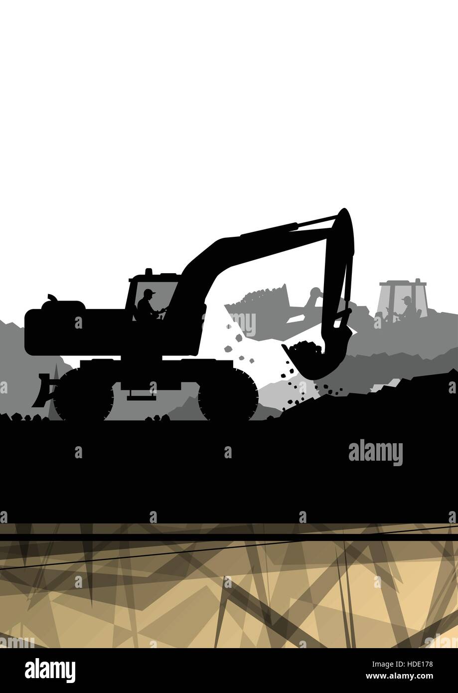 Digger excavator machinery digging action in construction site abstract ...