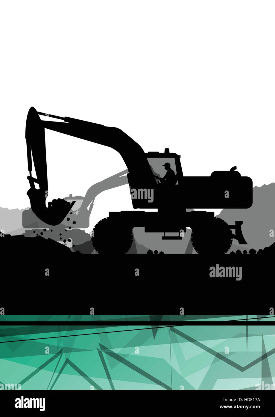 Digger excavator machinery digging action in construction site abstract ...