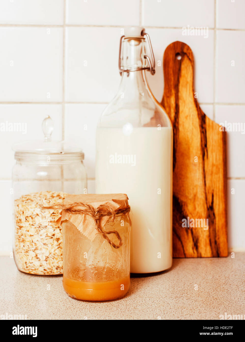 real comfort wooden kitchen with breakfast ingredients close up Stock ...