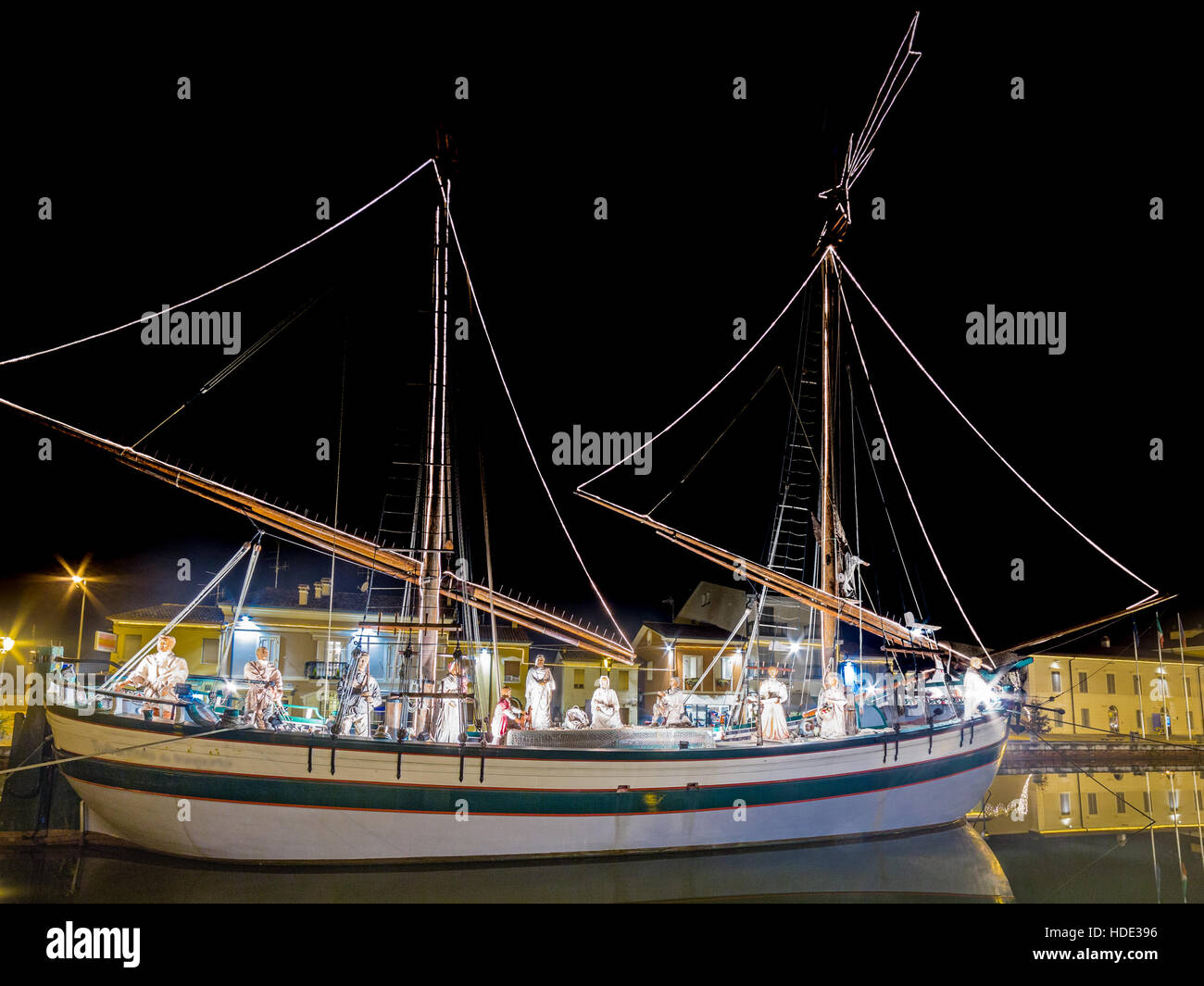 night view of marine crib, a Christmas Nativity scene on floating boats ...