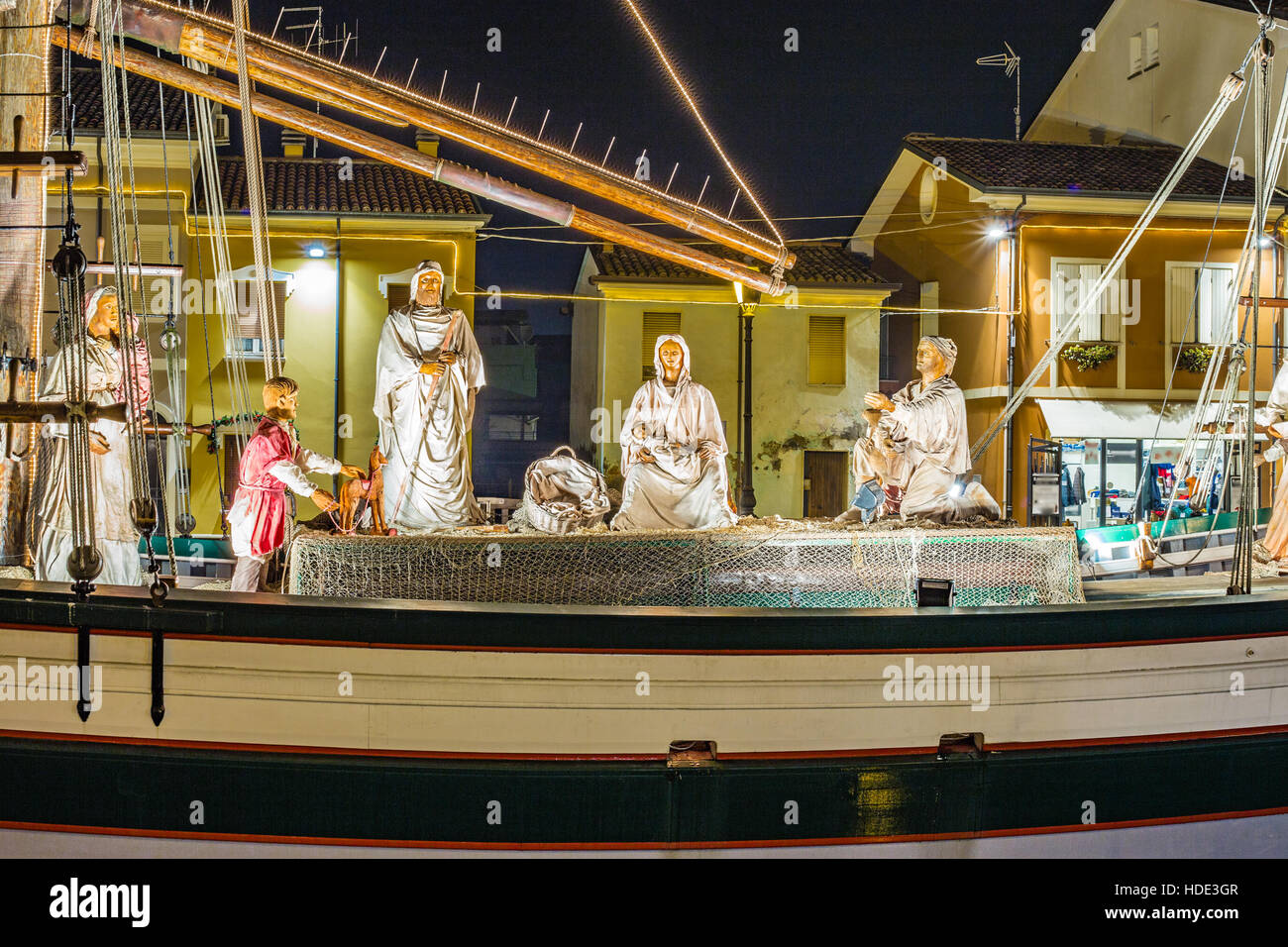 night view of Christmas Lights and decorations and marine crib, a ...