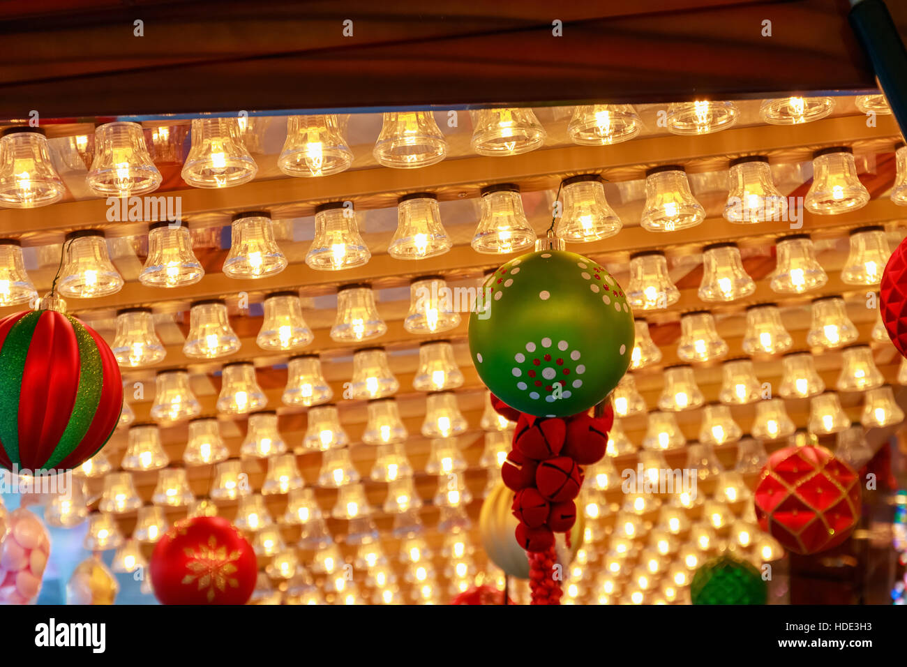 Ceiling decorated with baubles in Winter Wonderland, a Christmas fair ...