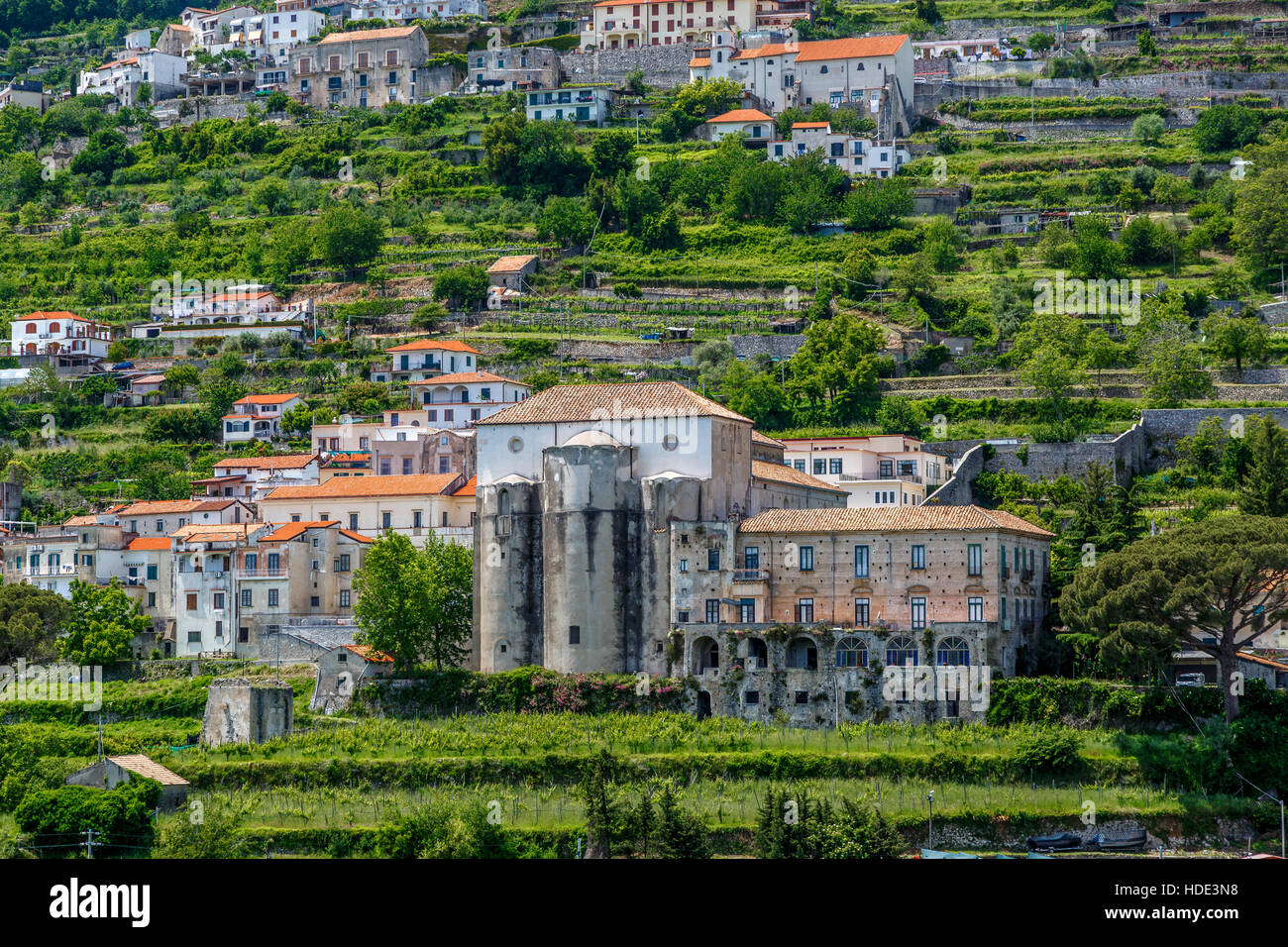 The view of the terraced hillside of Scala from Ravello on the Amalfi ...
