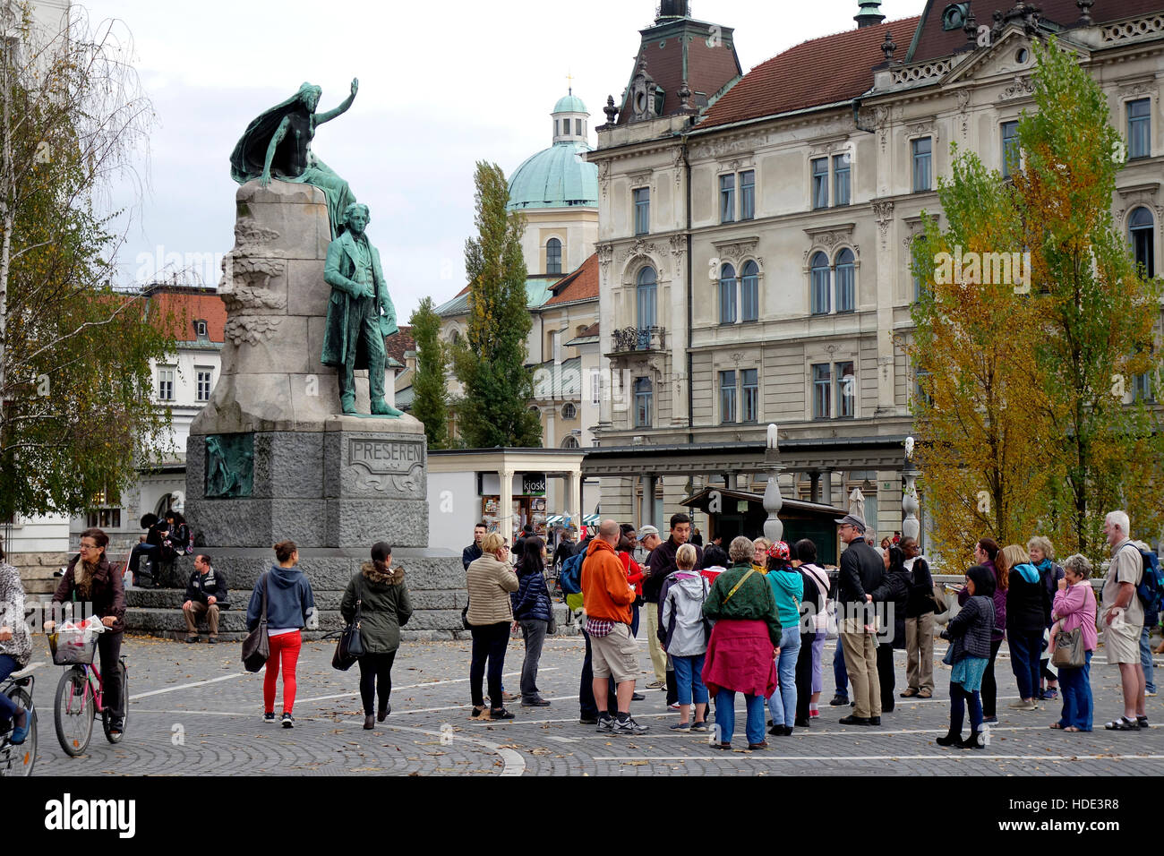 Tourist gathered on Presern Square beneath Presern monument , Ljubljana ...