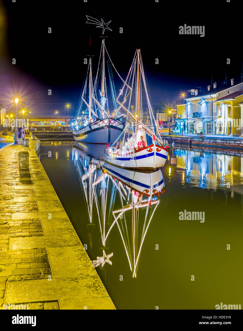 night view of Christmas Lights and decorations and marine crib, a ...