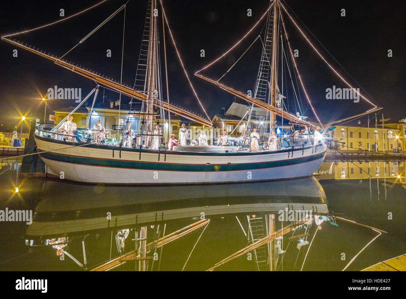 night view of marine crib, a Christmas Nativity scene on floating boats ...