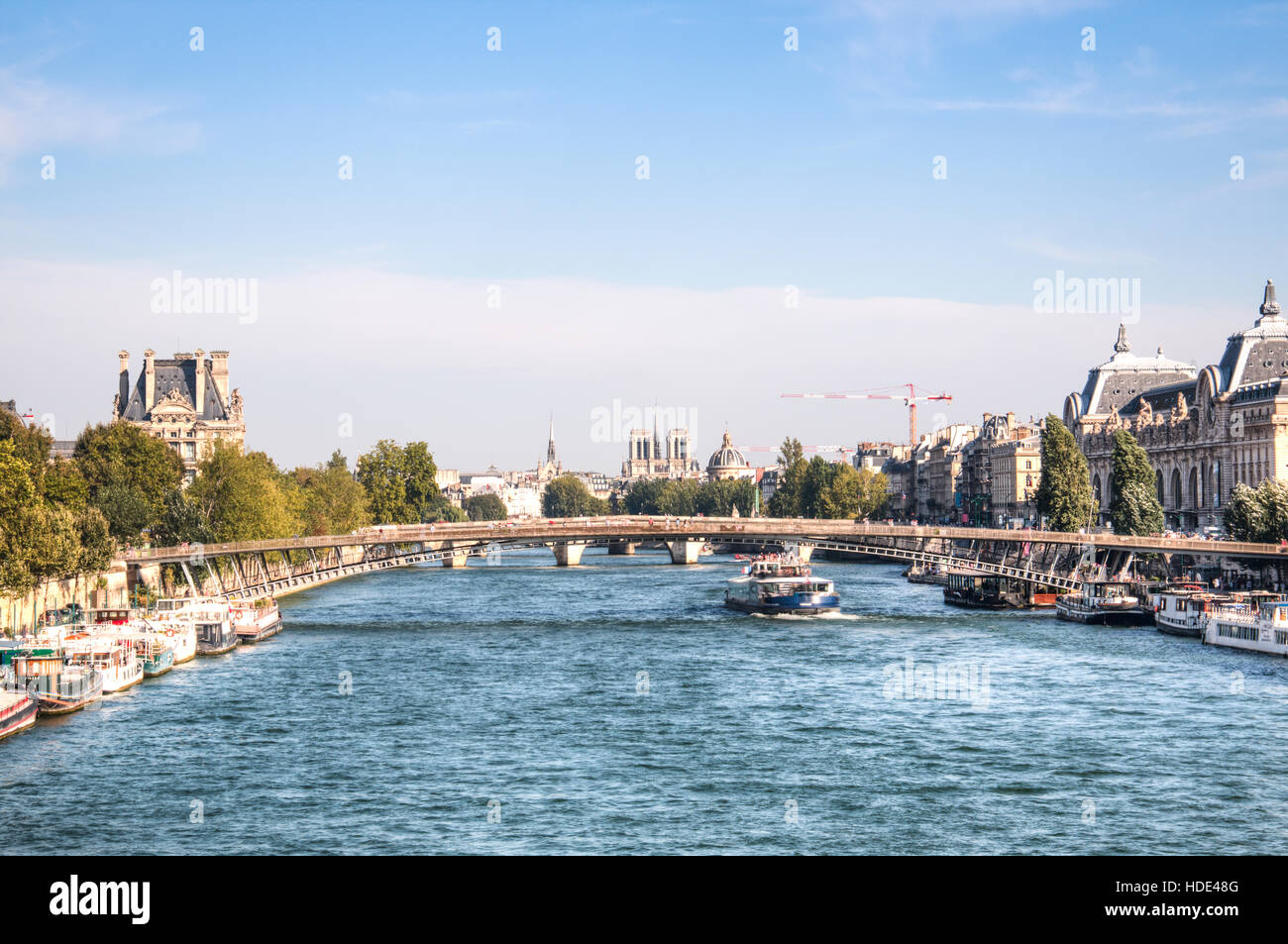 View over the Seine river with boats and buildings at the side in Paris ...