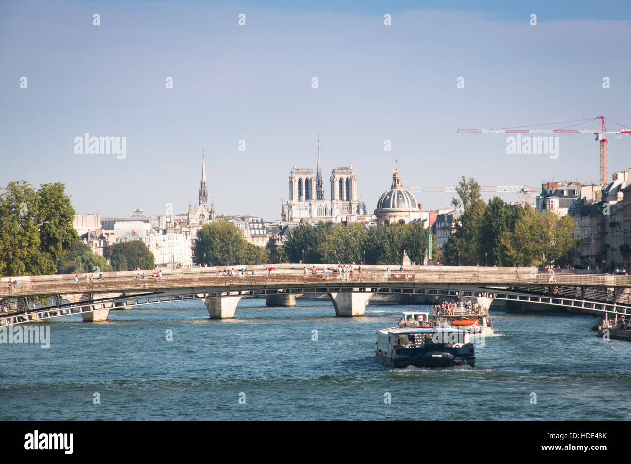 View over the Seine river with boats and buildings at the side in Paris ...