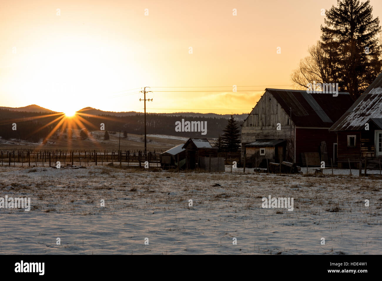 Winter farm sunrise with sun star Stock Photo - Alamy