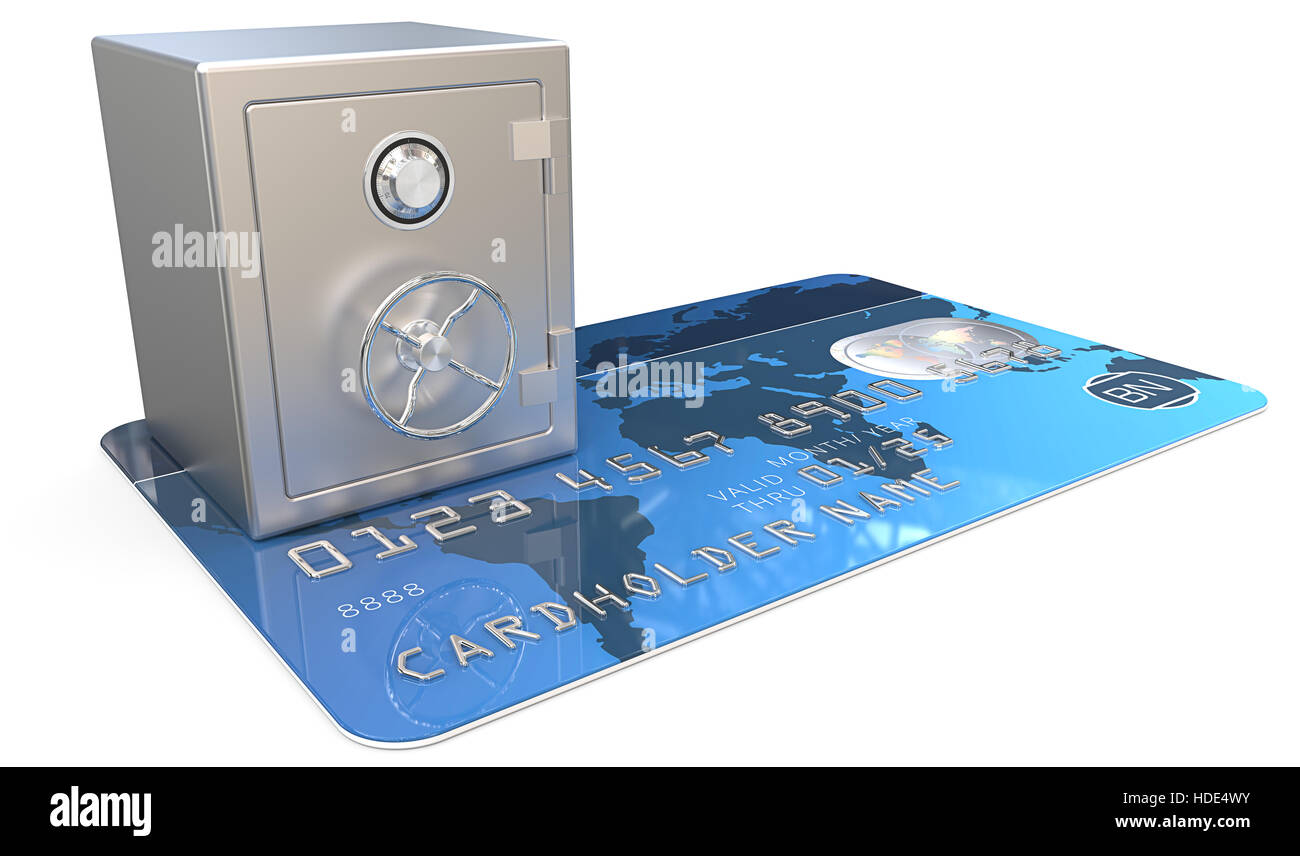 3D render of Blue Credit Card with a Steel Safe. Generic names and ...