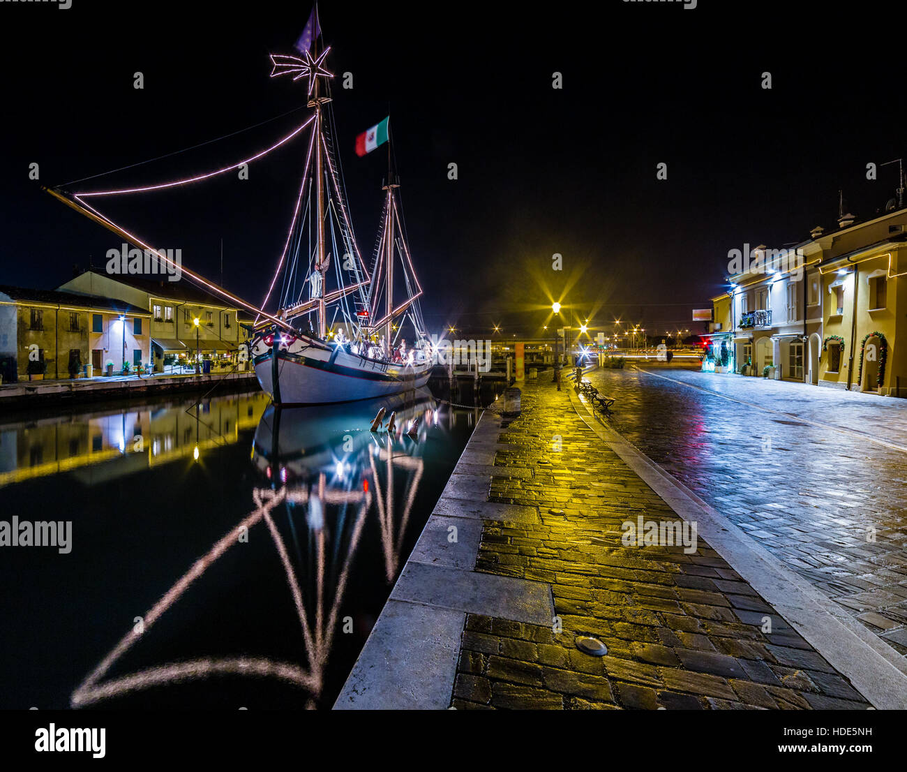 night view of Christmas Lights and decorations and marine crib, a ...