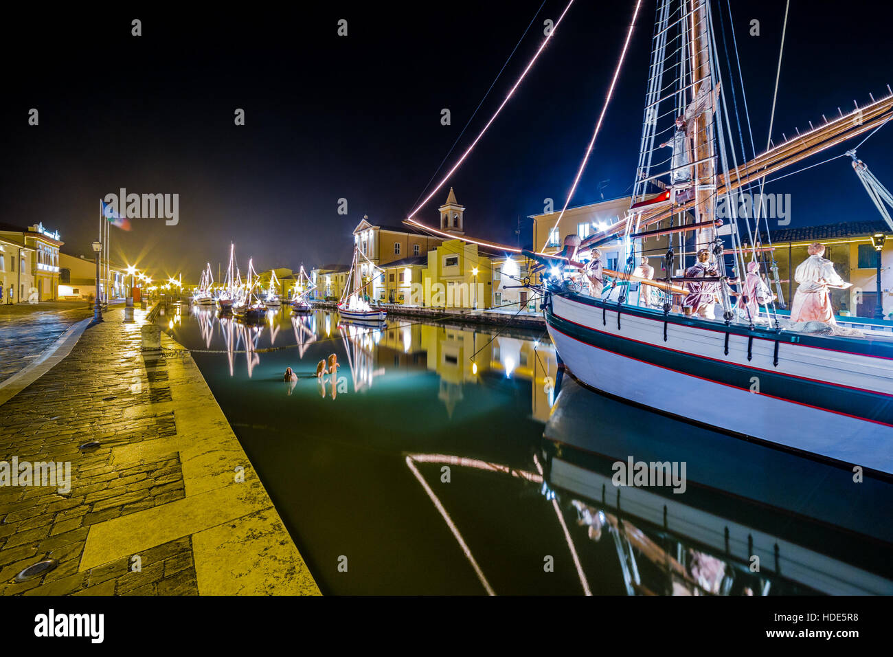 night view of Christmas Lights and decorations and marine crib, a ...