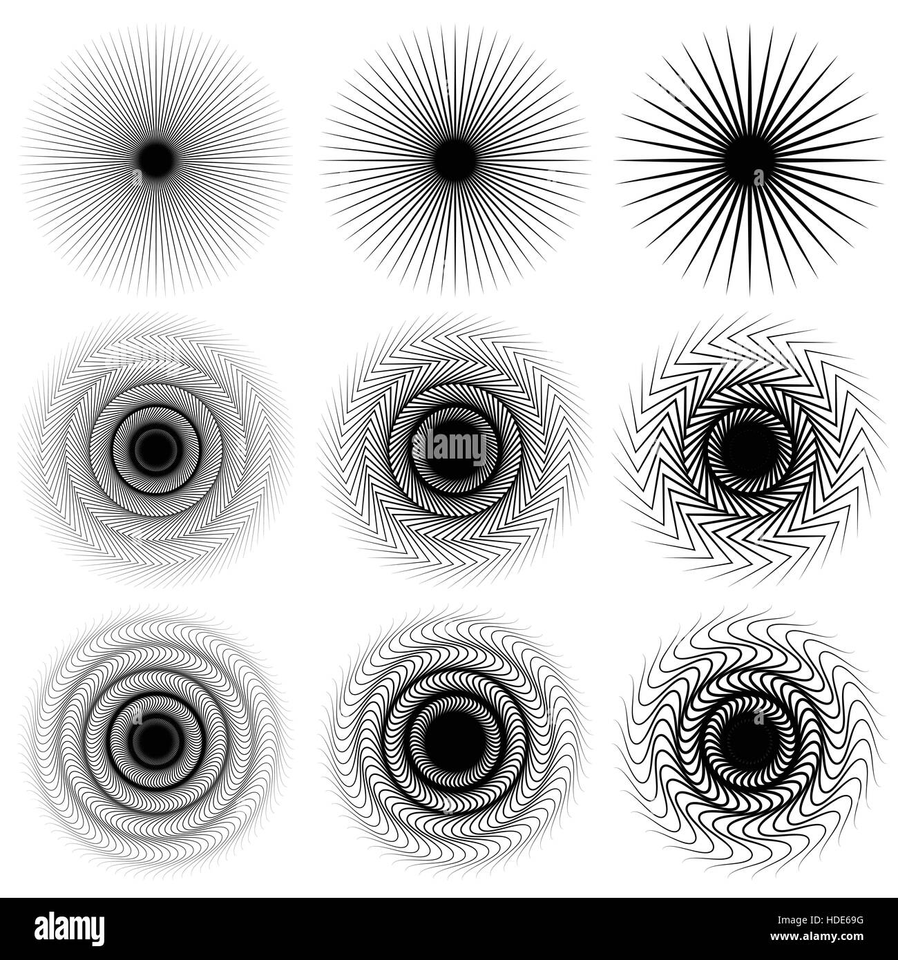 Set of 9 different elements with radial lines. Starburst, edgy and ...