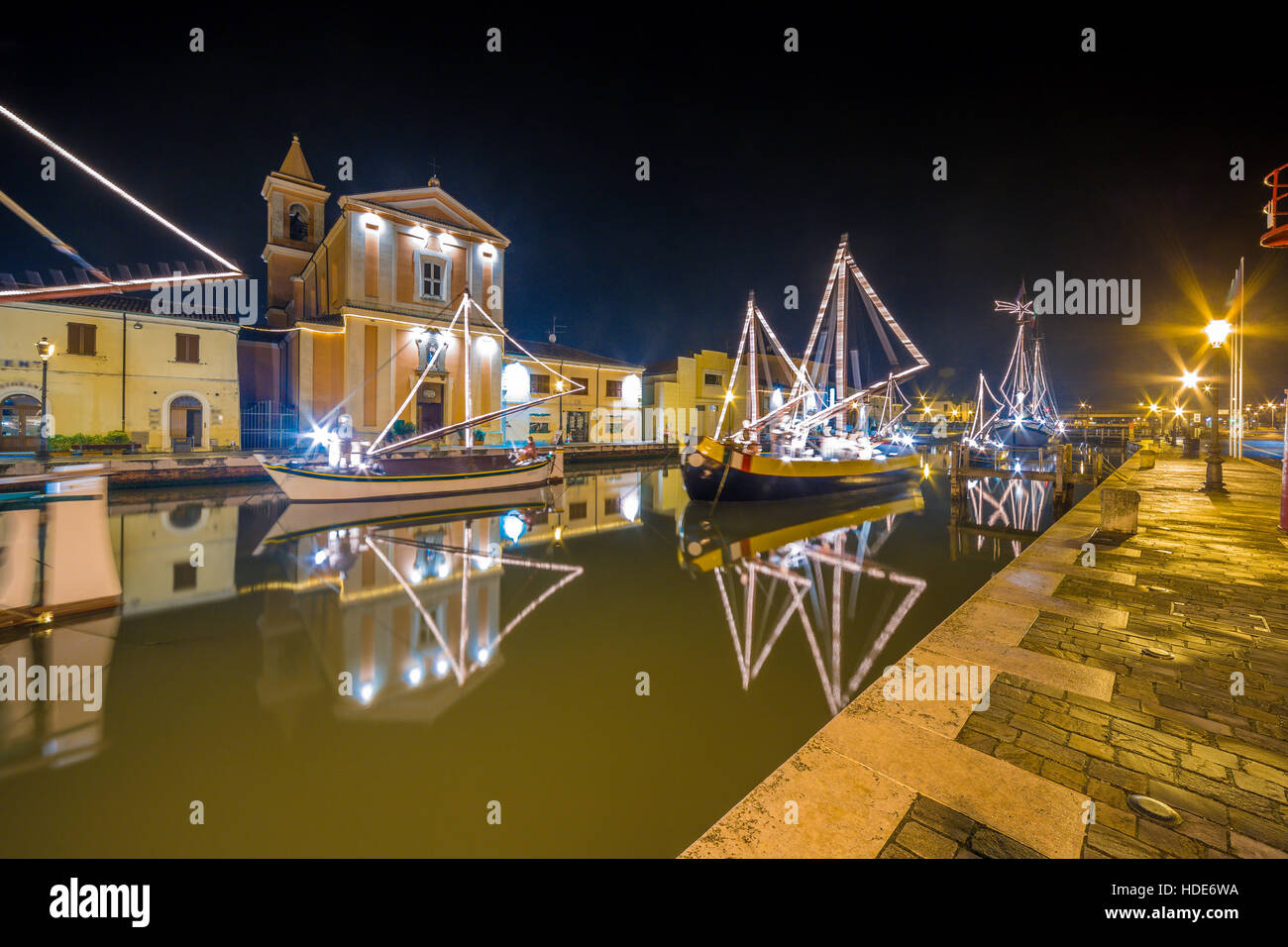 night view of Christmas Lights and decorations and marine crib, a ...