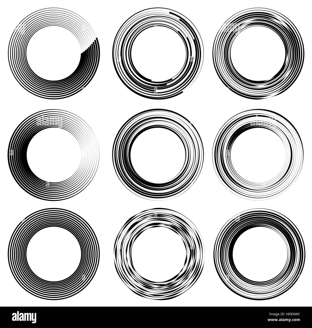 Set of random circle elements. Concentric circles, concentric rings. 9 ...