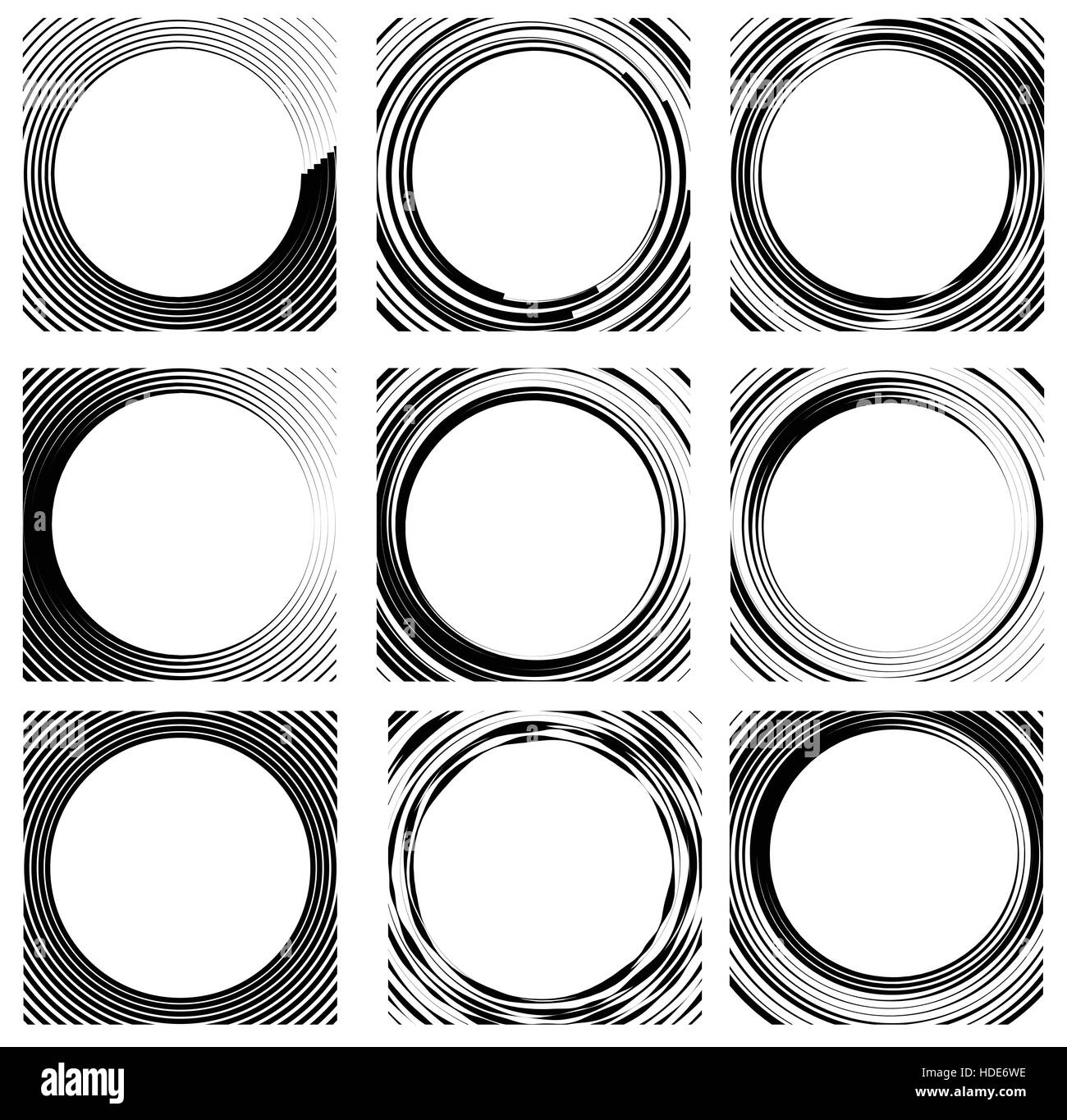 Set of random circle elements. Concentric circles, concentric rings. 9 ...