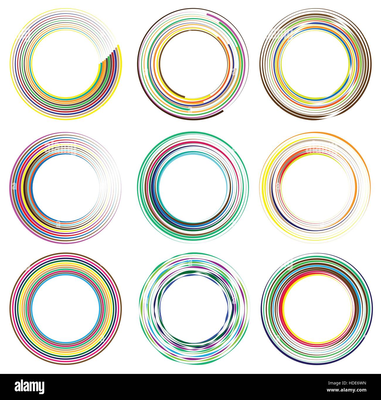 Set of random circle elements. Concentric circles, concentric rings. 9 ...