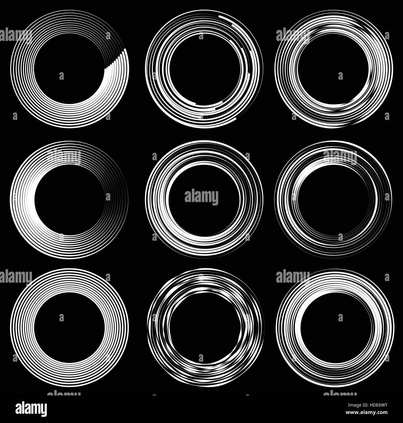 Set of random circle elements. Concentric circles, concentric rings. 9 ...
