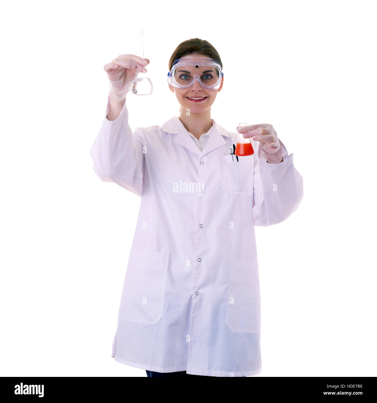 Female assistant scientist in white coat over isolated background Stock ...