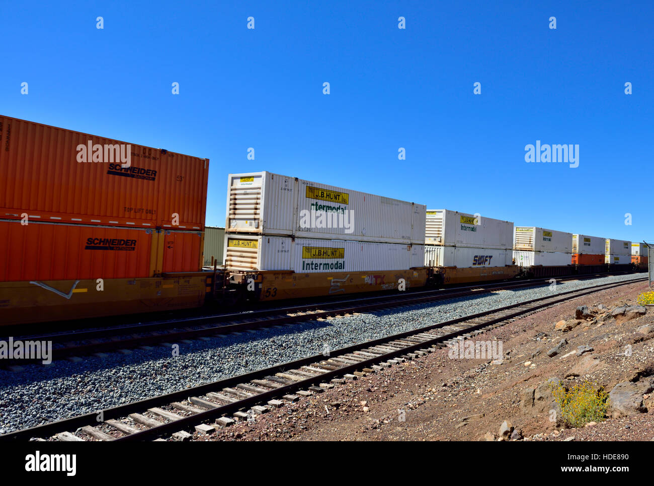 Shipping containers stacked two high on long train, Flagstaff, Arizona Stock Photo - Alamy