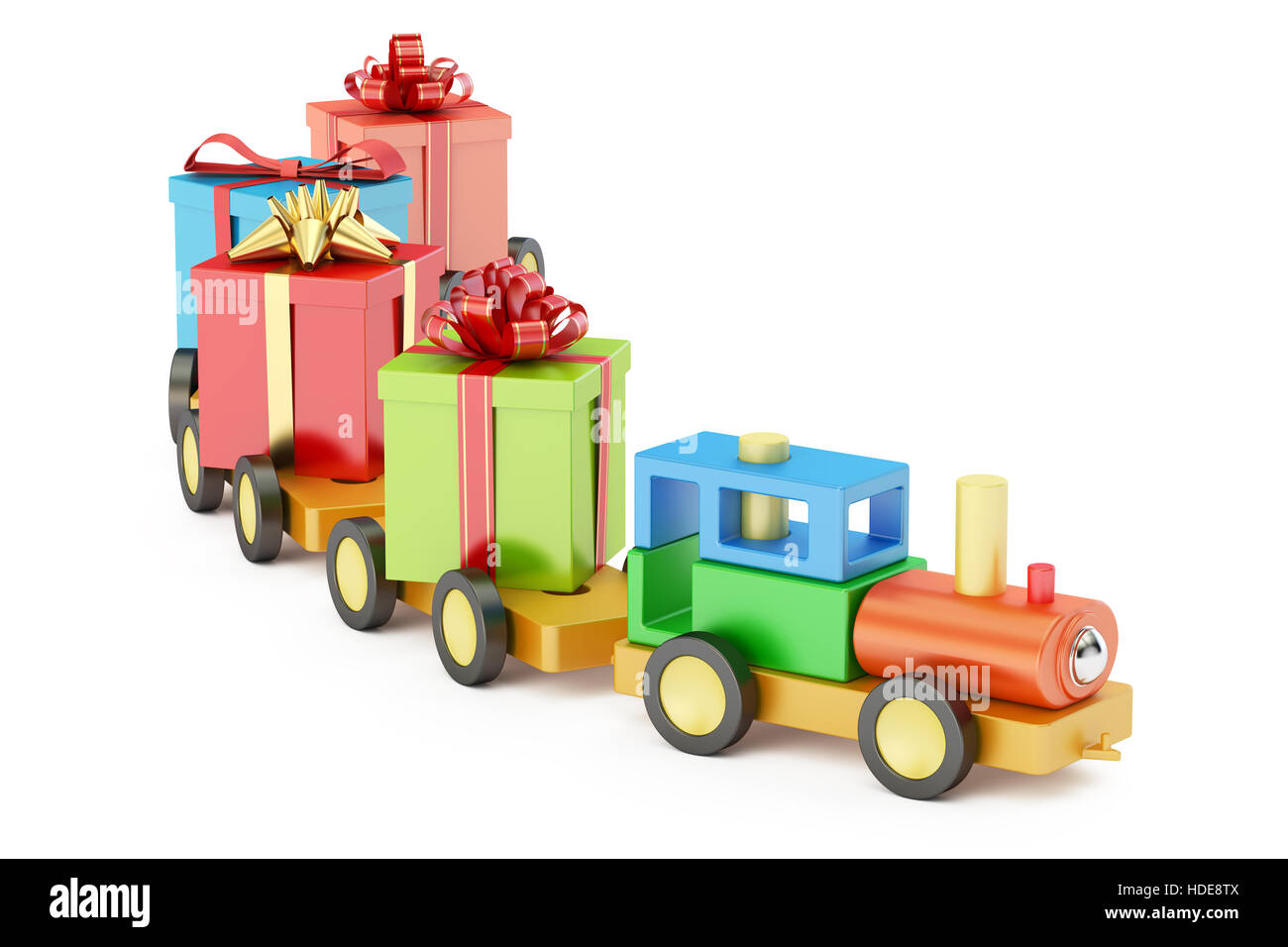 Wooden toy train with colored gift boxes concept, 3D rendering Stock ...