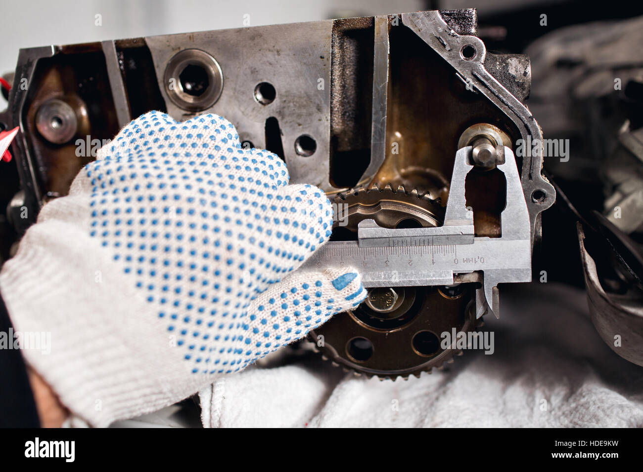 mechanical technician worker hands measuring detail tool after ...