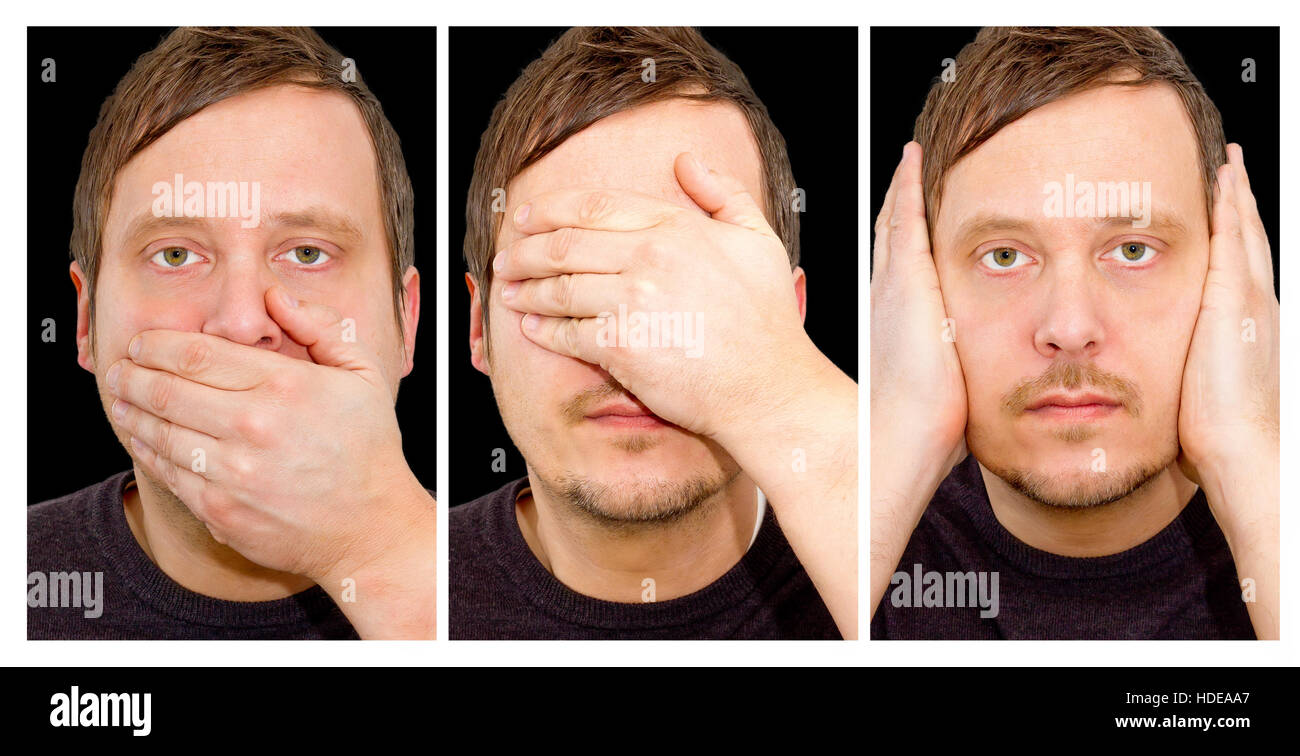 Three monkeys - Casual man representing senses: mute, blind and deaf ...