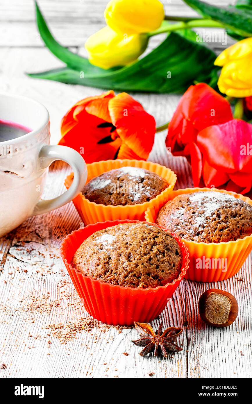 cupcake dessert and freshly cut tulips for Valentine's day Stock Photo ...